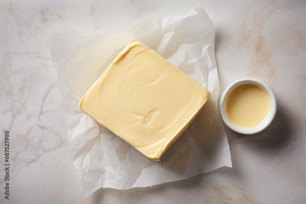 Block of melting butter and a liquid butter in a cup, on a marble table ...