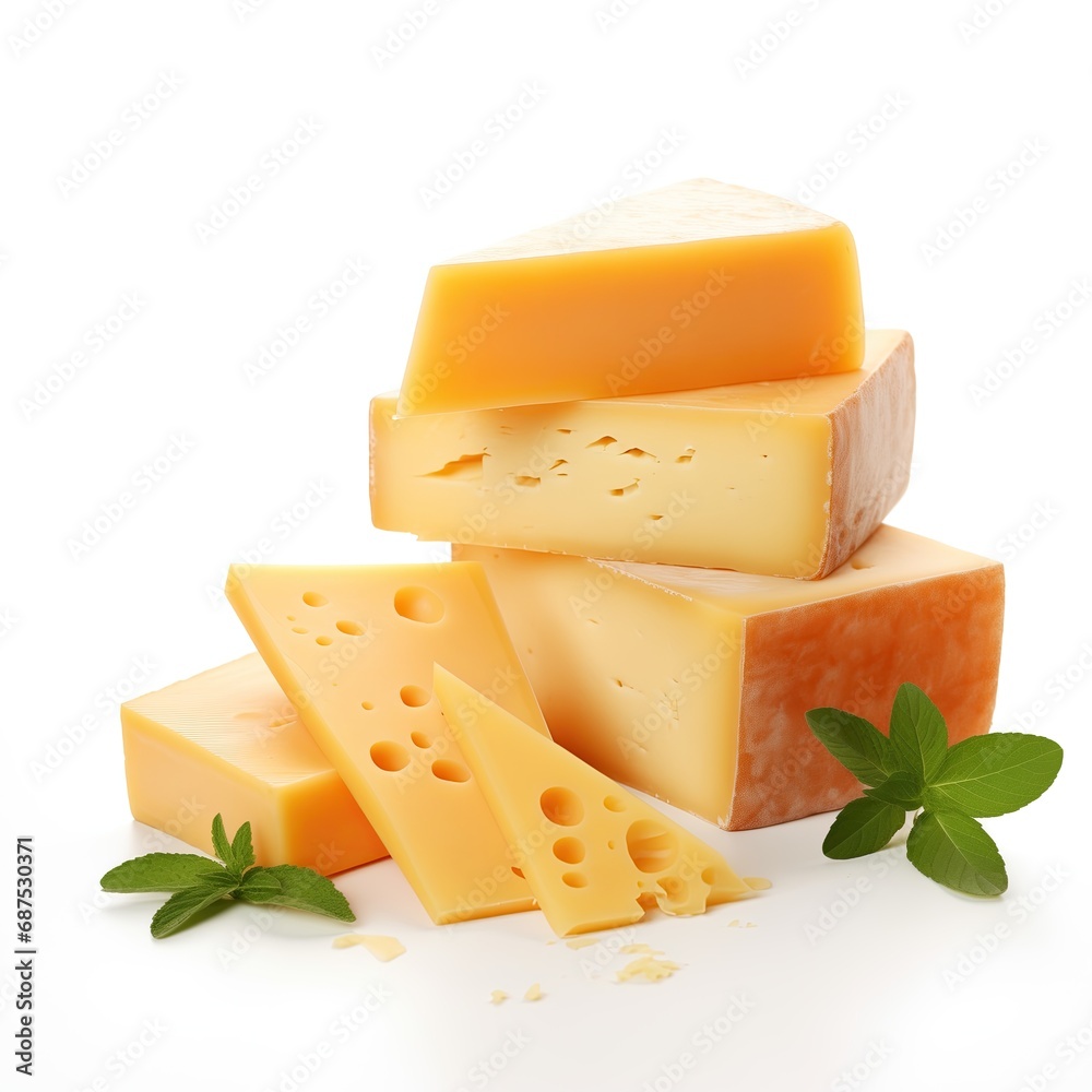 Cheeseparing. Slices of cheese. Swiss cheese. Isolated cheese slices on ...