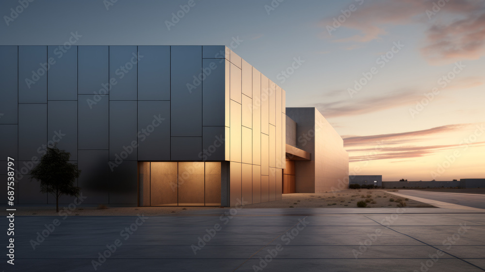 A deserted nondescript industrial building at sunset. Golden hour ...