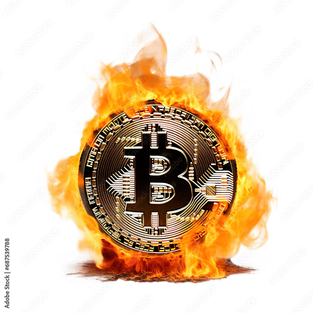 Bitcoin coin in fire flames, isolated on transparent background, PNG ...