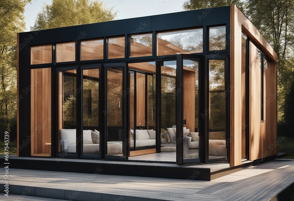 Timber frame modular house with flat roof panoramic windows and double ...