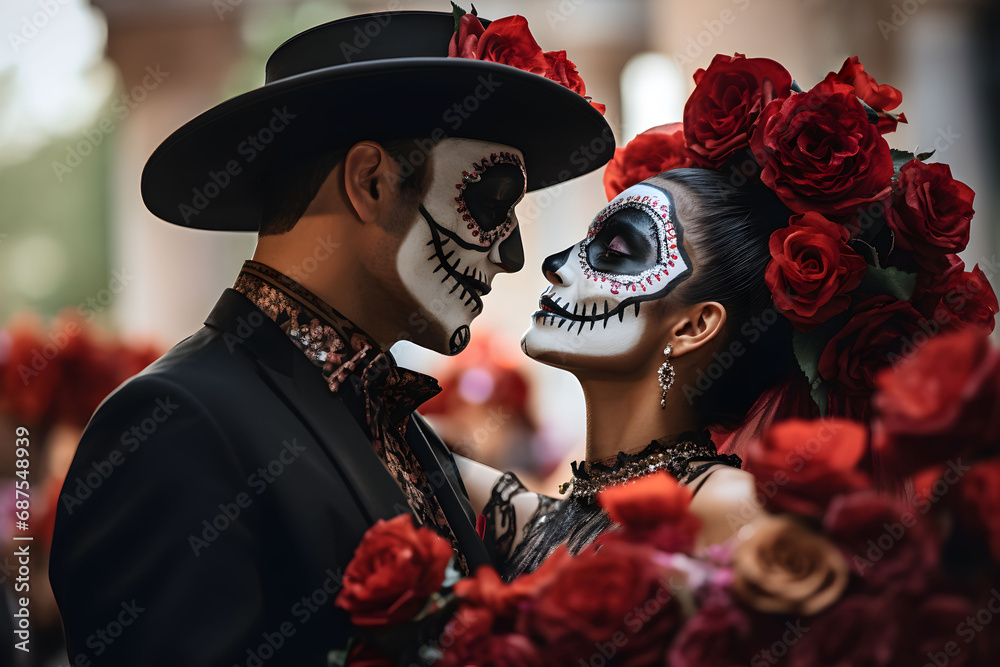 Beautiful closeup portrait of young couple in traditional Calavera ...