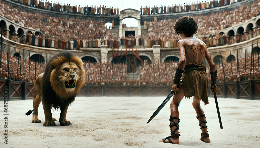 A young boy gladiator armed with a sword standing in the arena in ...