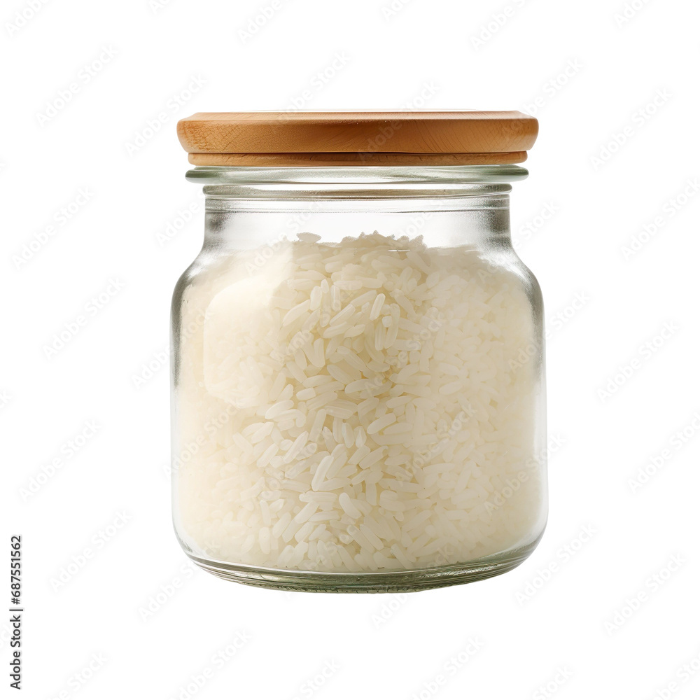 front view of Arborio Rice in a jar isolated on a white transparent ...