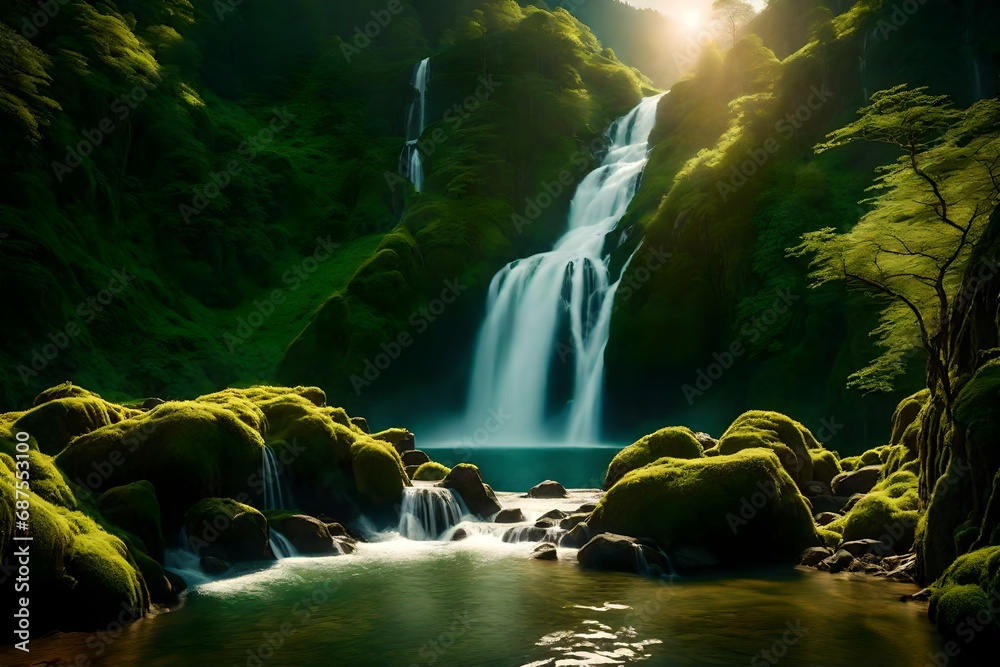 Sunlit streams converging into a majestic waterfall amidst a backdrop ...