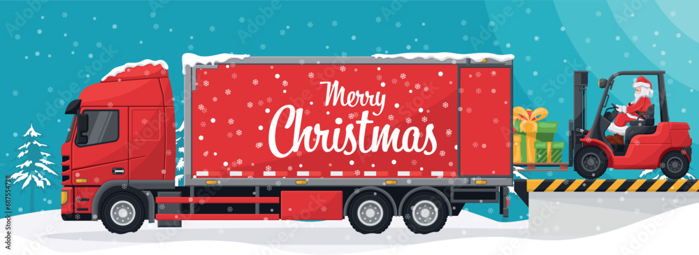 Santa Claus driving a forklift. Loading gifts to a container truck at ...