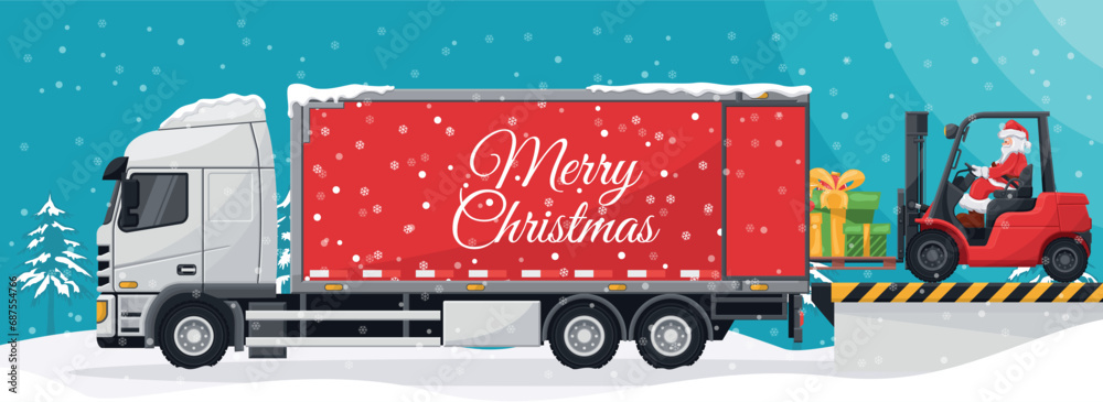Santa Claus driving a forklift. Loading gifts to a container truck at ...