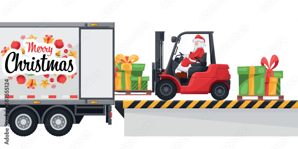 Santa Claus driving a forklift loading gifts to a container truck at ...