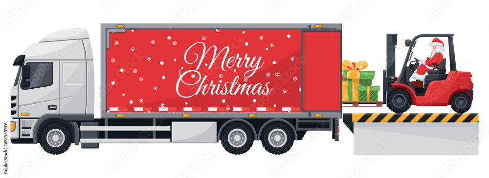 Santa Claus driving a forklift loading gifts to a container truck at ...