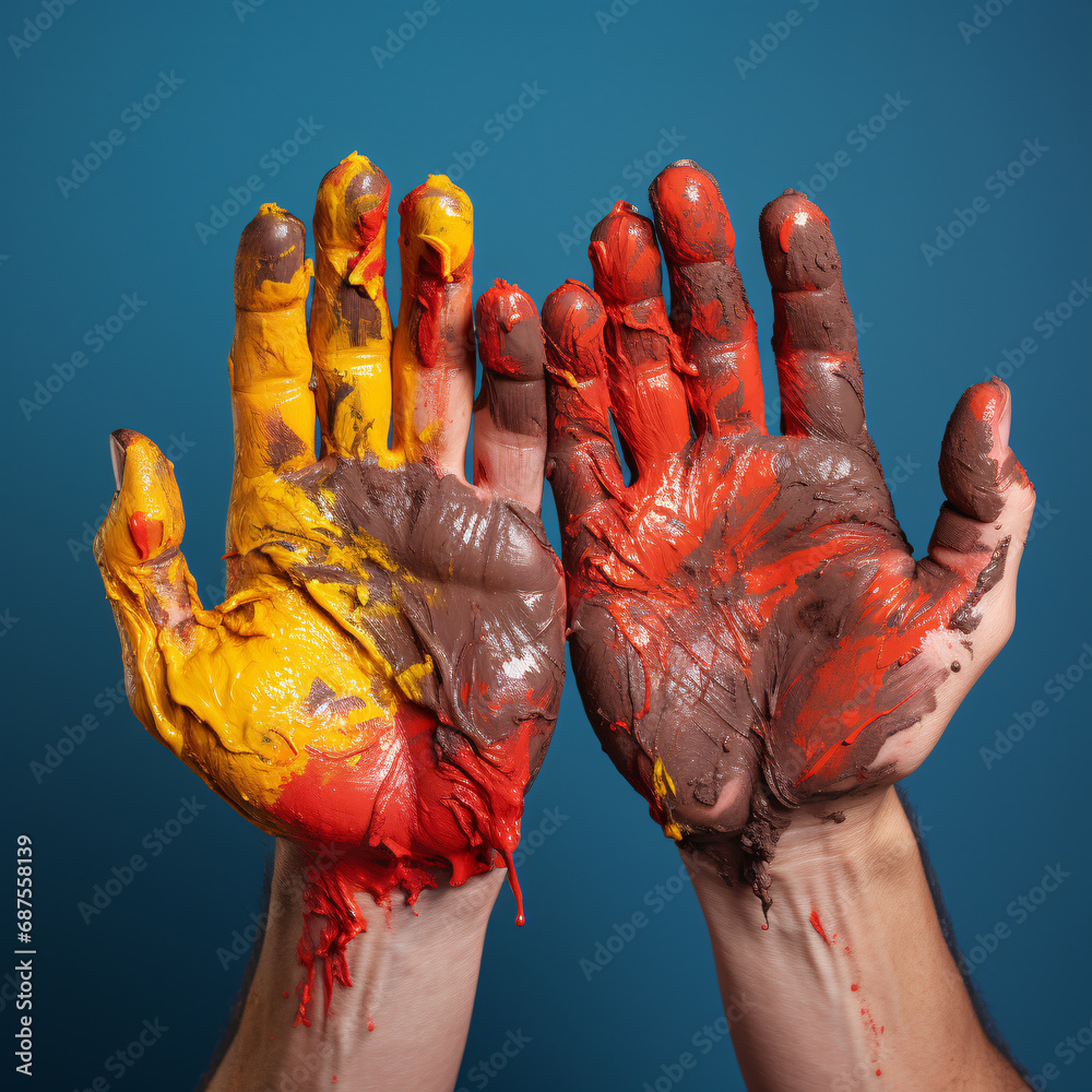 Hands smeared with various colors are a sign of creativity and ...