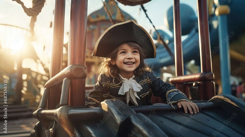 Boy in a Pirate Costume Exploring a Pirate Ship Playground with ...