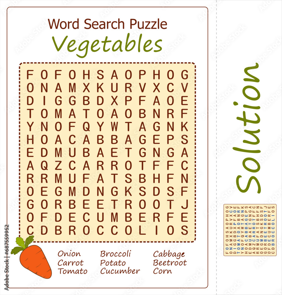 Word search puzzle vector (Word find game) illustration. Vegetables ...
