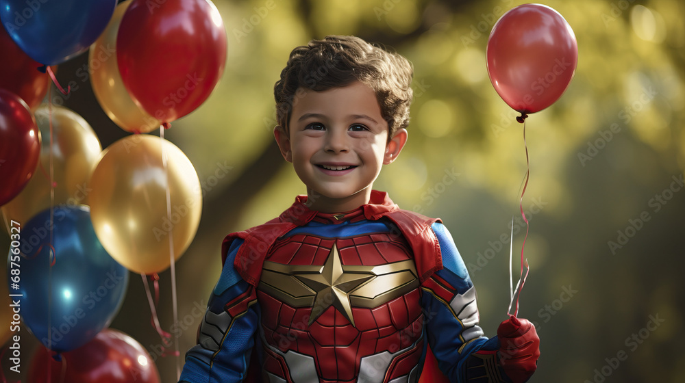 Child in a Superhero Costume Playing with Colorful Balloons in a Park ...