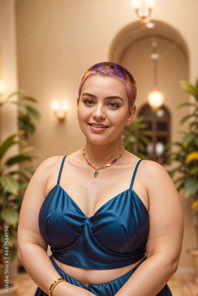 Elegant beautiful curvy plus size woman model in a dress, colorful gen z buzzcut haircut, luxury ...