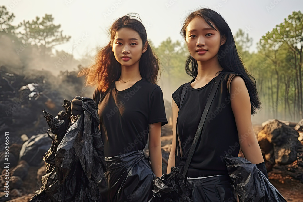 Young female volunteers holding black garbage back to collect plastic ...