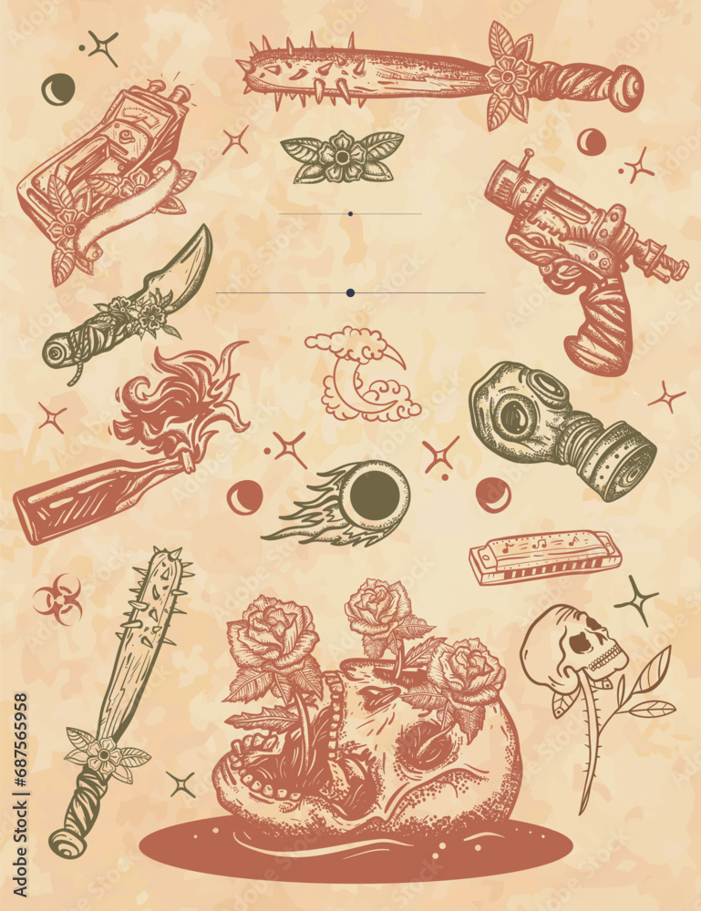 Skulls and roses. Symbol of survival, doomsday, nuclear war. Post ...