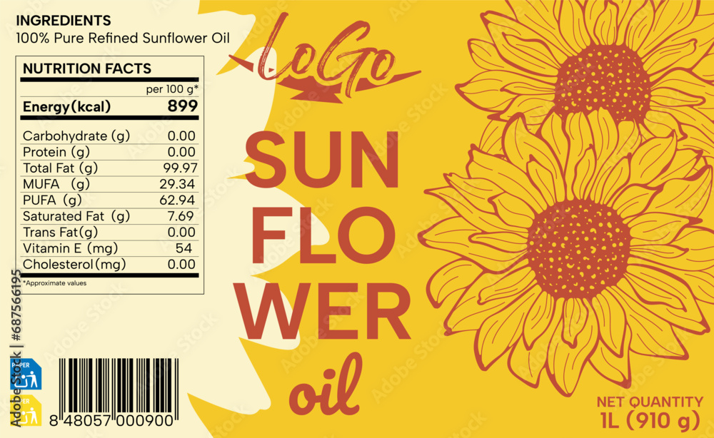 The finished label of sunflower oil on the bottle. Sunflower oil ...