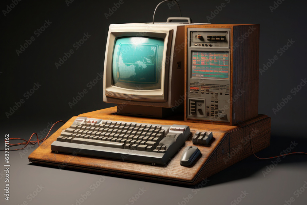 Vintage personal computer on desktop, close up. Retro style background ...