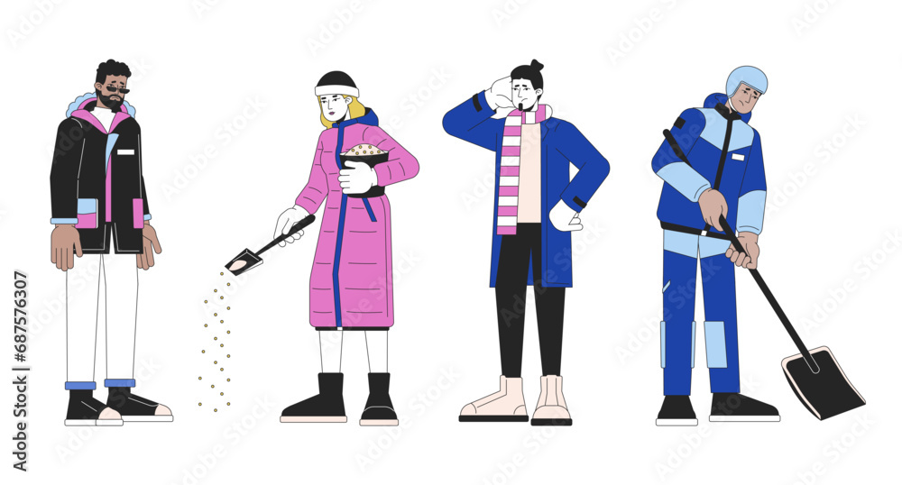Winter hazards preventing 2D linear cartoon characters set. Outerwear ...