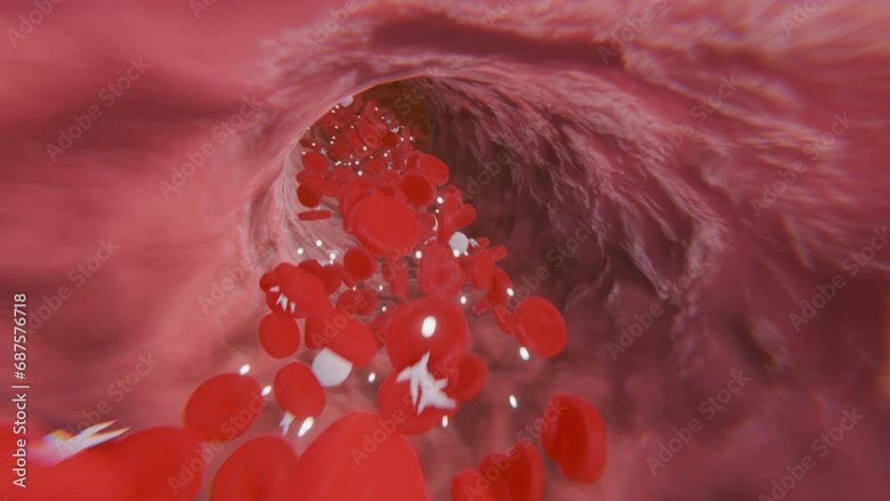 Red blood cells flow inside an artery, vein. Healthy arterial cross ...