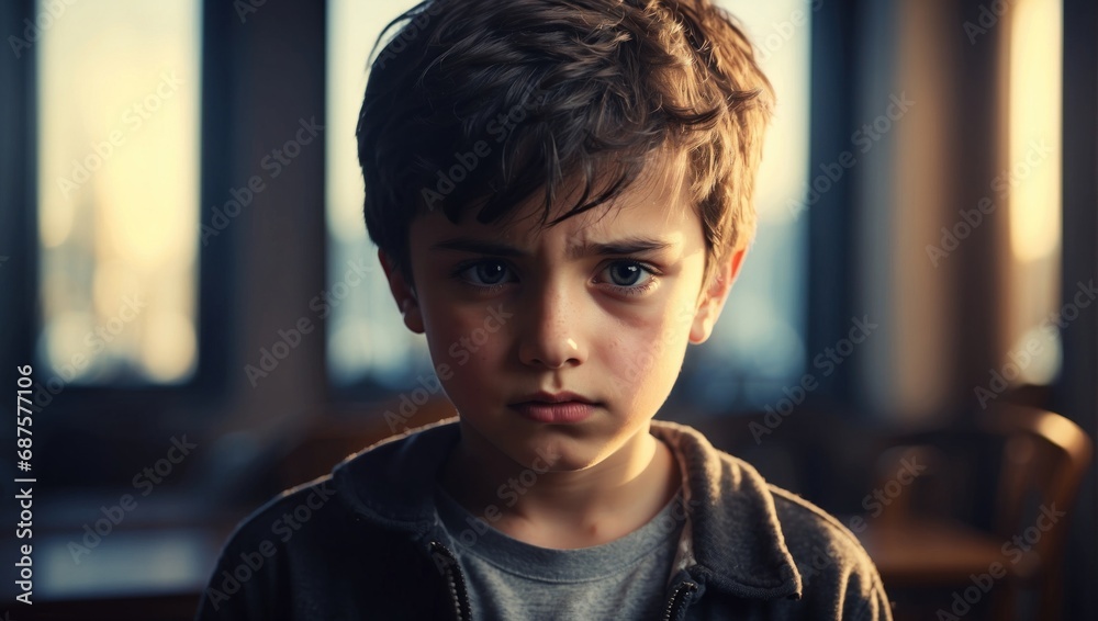 Sad kid face portrait, blurred dark room background. Domestic violence ...