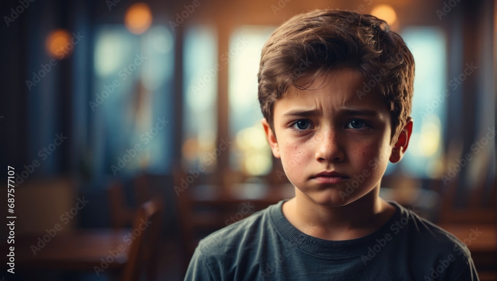 Little sad boy face portrait, close-up, blurred room background ...