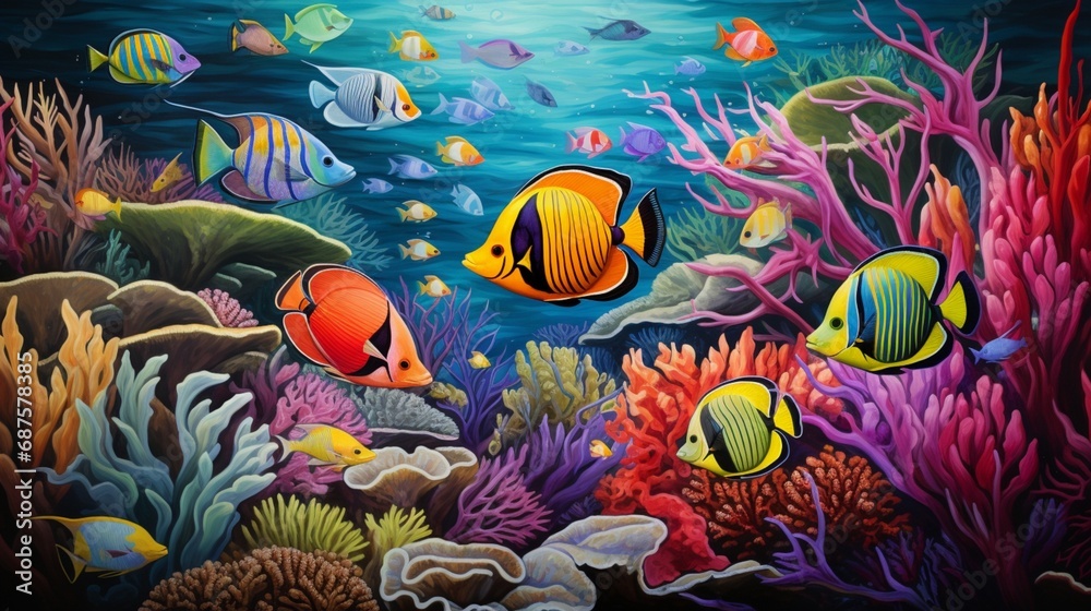 An array of tropical fish, their scales a vivid spectrum of colors ...