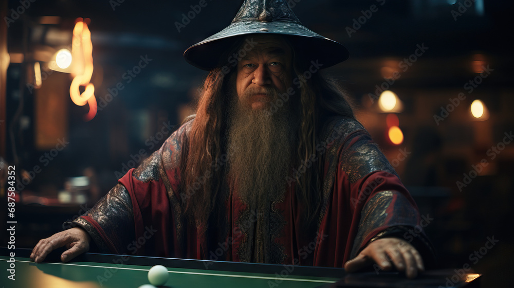 Wizard in robes engaging in a game of ping pong in a dimly lit basement ...