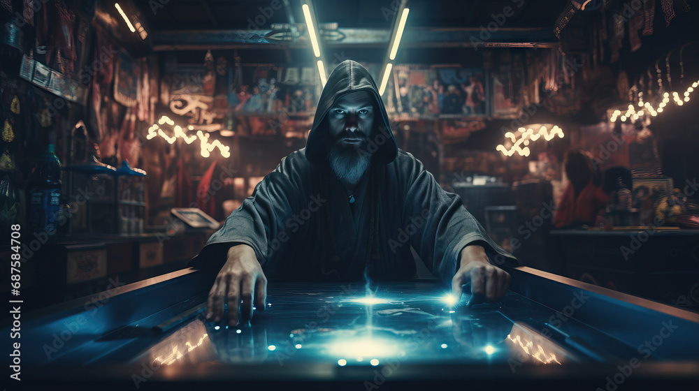 Wizard in robes engaging in a game of ping pong in a dimly lit basement ...