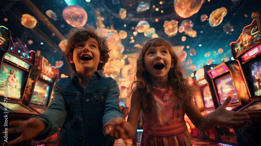 Foto de Kids Playing Arcade Games in Retro Outfits: Capture children ...