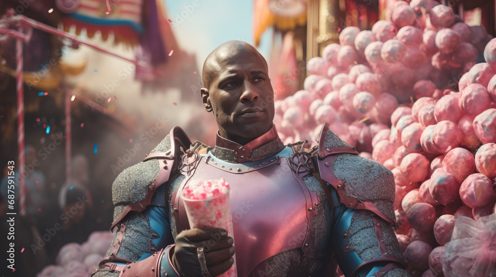Man in a Suit of Armor Eating Cotton Candy at a County Fair: Photograph ...