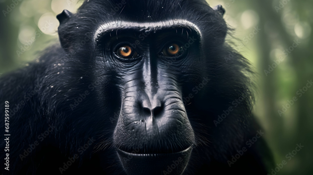 Celebes crested Macaque, Macaca nigra, black monkey, detail portrait ...