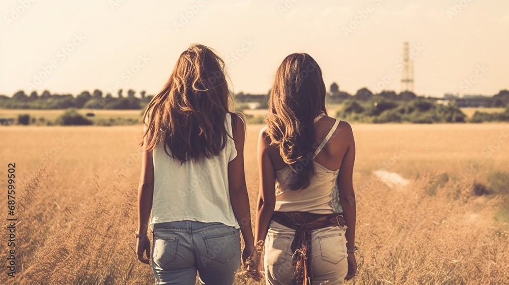 Back view of a two best friend girls wearing casual wear and walking in ...