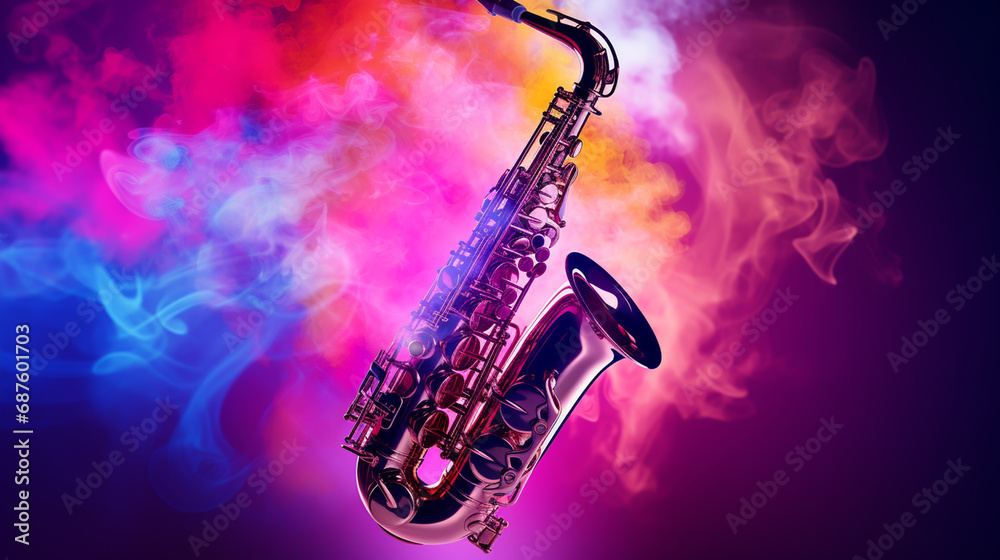 Golden shiny alto saxophone on black background with smoke. copy space ...