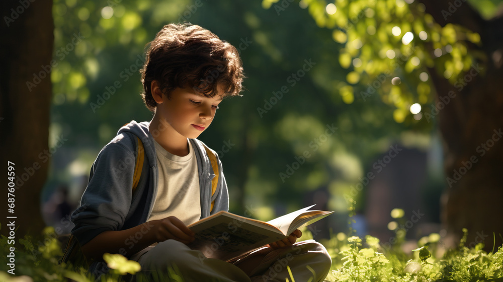 Reading in Nature: Kids reading books, relaxing, or studying in ...