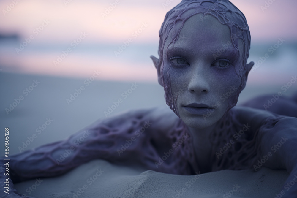 Créature féminine extra-terrestre humanoïde sortant du sable sur une ...