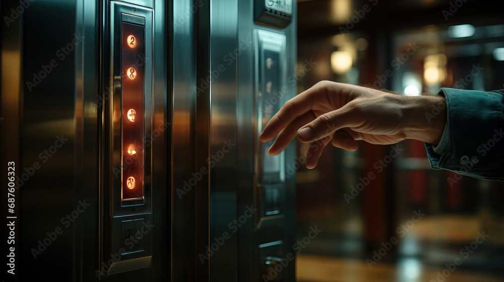 Hand pressing elevator buttons in a high-tech skyscraper. Concept of ...