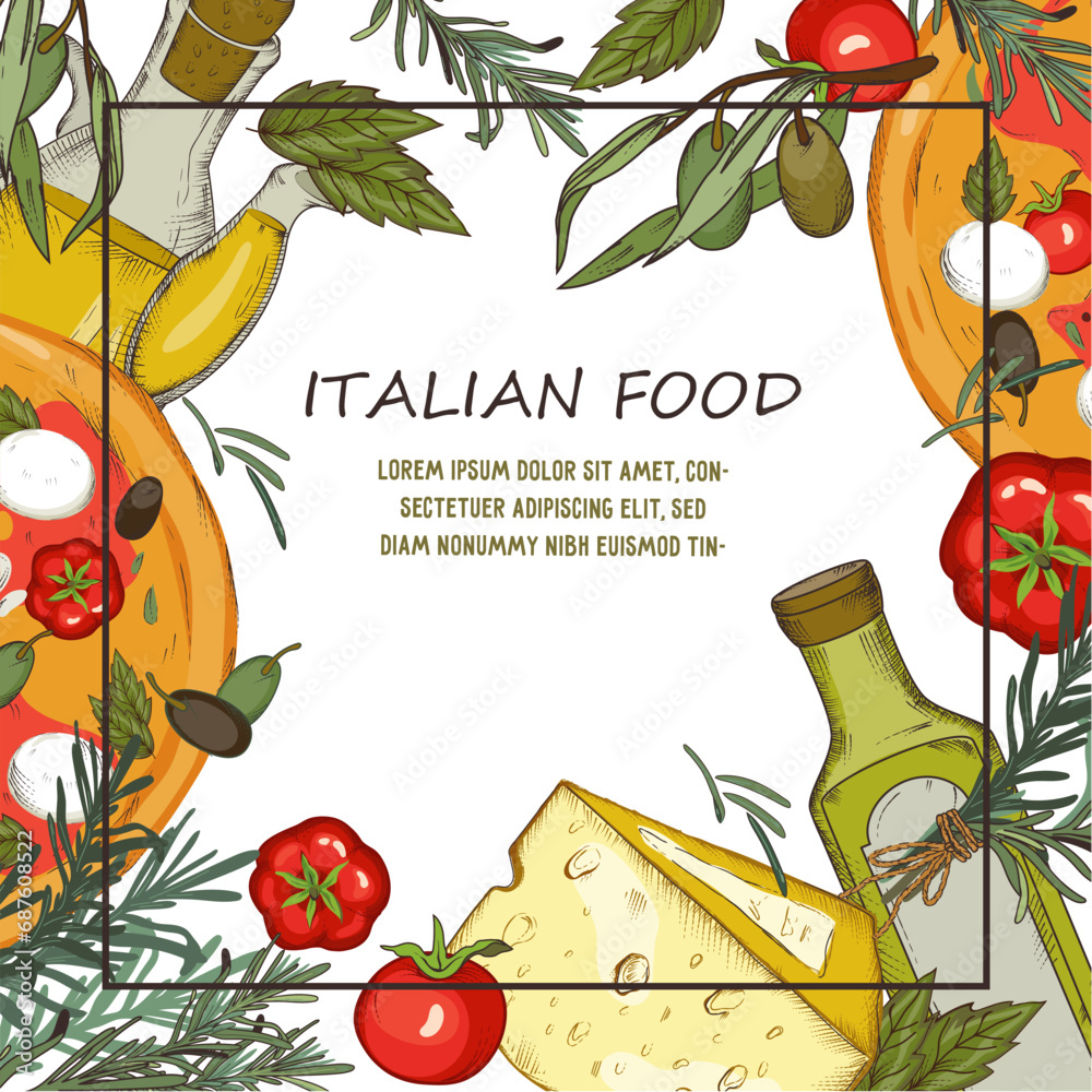 Italian cuisine label template with square frame sketch vector ...