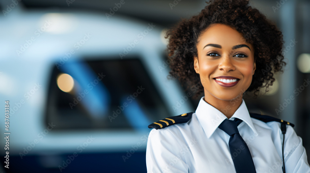 beautiful black woman pilot headshot portrait, airline, professional ...