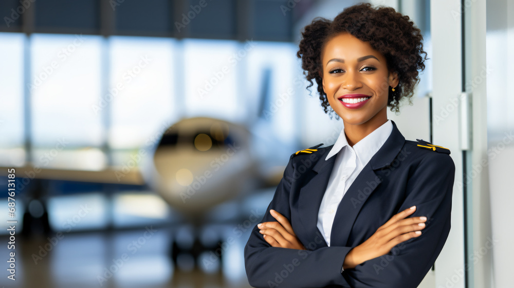 beautiful black woman pilot headshot portrait, airline, professional ...