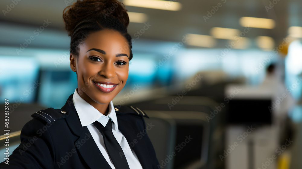 beautiful black woman pilot headshot portrait, airline, professional ...