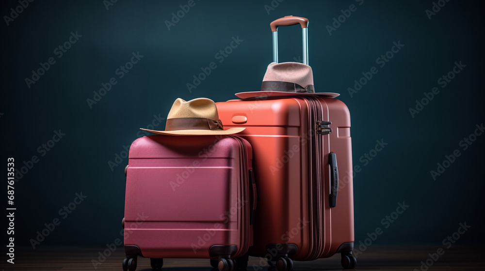 Vacation luggage concept, dark grey room, minimalist travel background ...