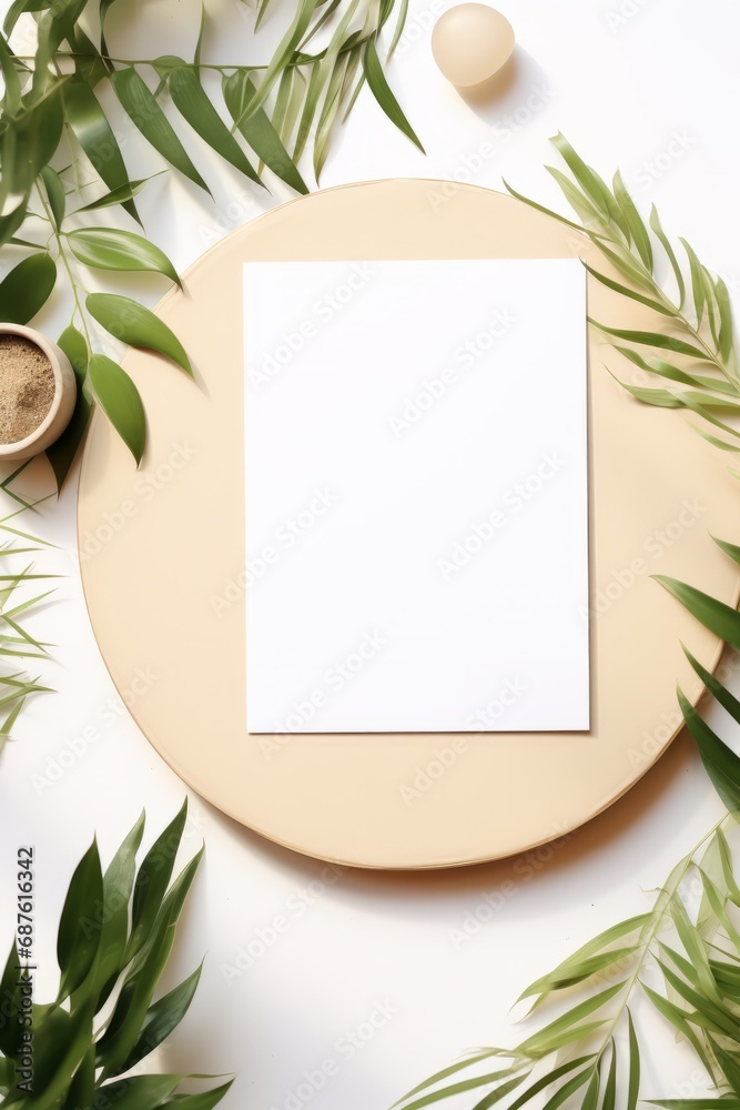 white paper card template on beige color table with olive tree leaf ...