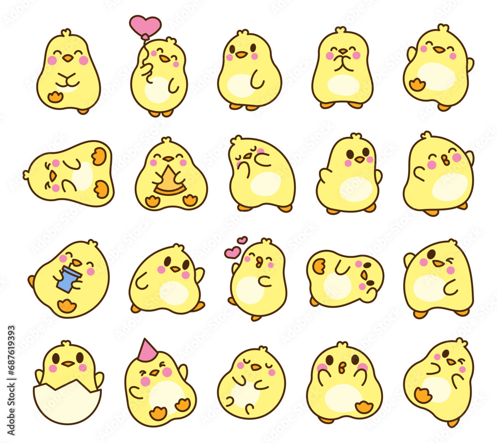 Cute little kawaii baby chicken. Kawaii chicks in different poses ...