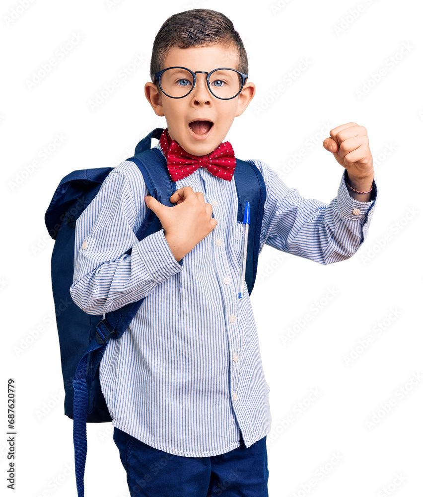 Cute blond kid wearing nerd bow tie and backpack screaming proud ...