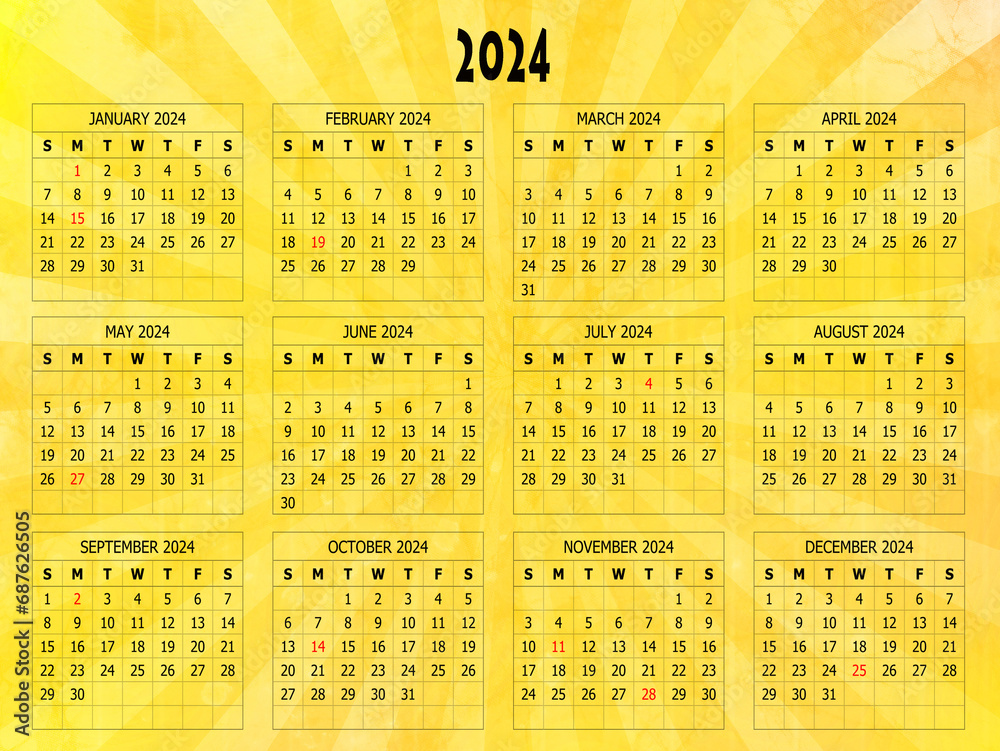 Calendar 2024 with star burst motif. Poster or layout in retro style ...