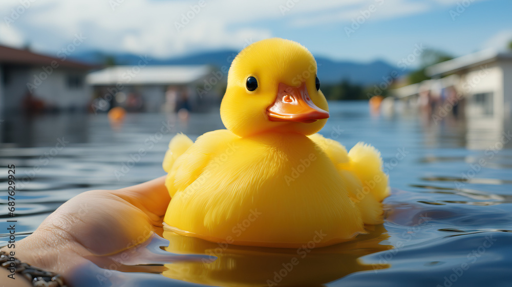 Hand holding a tiny yellow duck in pond water. Concept of gentle ...