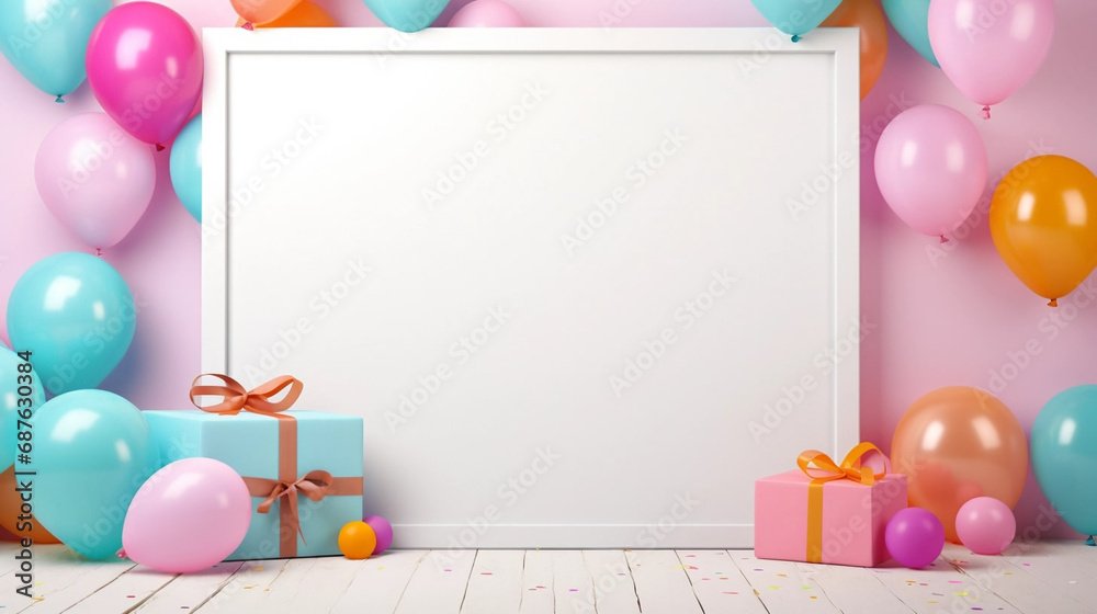stockphoto, birthday photo frame template with balloons and cake ...