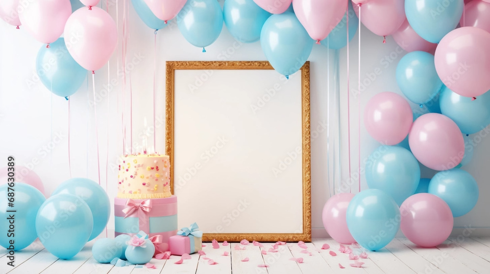 stockphoto, birthday photo frame template with balloons and cake ...