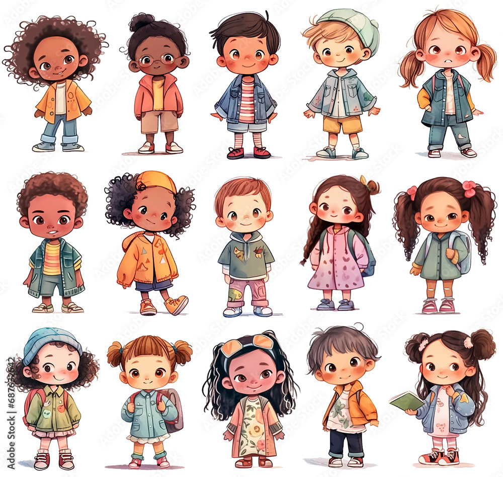 Collection of cartoon multinational preschoolers standing in different ...